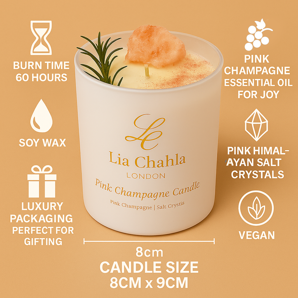 Pink Champagne Candle with Himalayan Salt Crystals ( 60 Hrs) – Lia ...